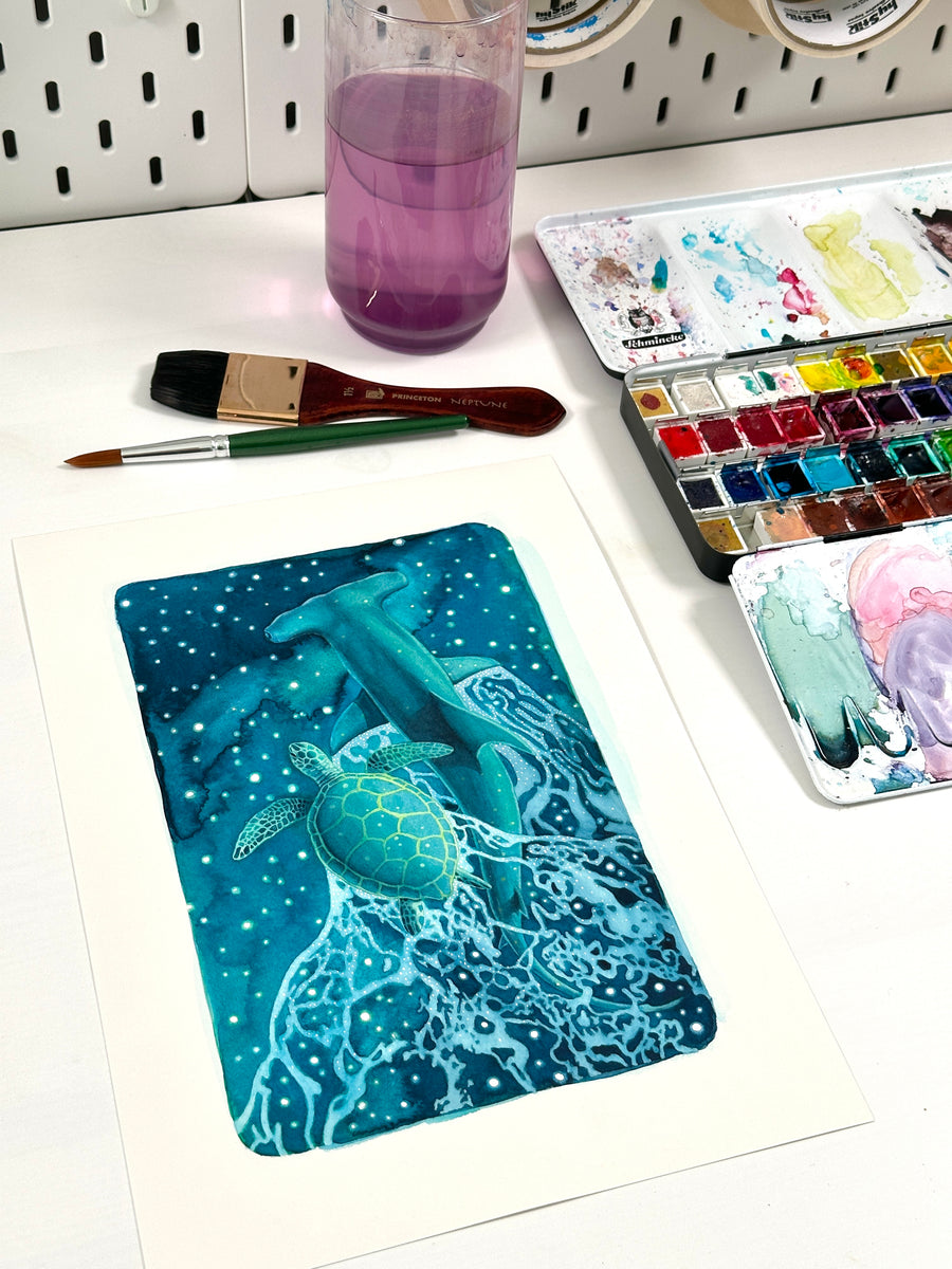 A4 Original Artwork - Turtle & Hammerhead Shark – Christopher Maxwell Art